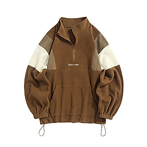 ZAFUL Men's Fluffy Polar Fleece Sweatshirt NEW YORK Embroidery Colorblock Half Zip Unisex Hoodie Coffee M