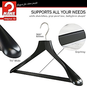 MAWA by Reston Lloyd, European Wooden Hanger, Beech Wood Body Form Hanger with Wide Supportive Shoulders, Rotating Chrome Hook, Black Finish, for Shirts, Blazers, Pants, Dress Clothes Hanger
