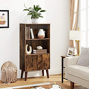 VASAGLE Bookcase, 2-Tier Retro Bookshelf with Doors, Storage Cabinet for Books, Photos, Decorations in Living Room, Office, Study, Mid-Century Style, Rustic Brown ULBC09BX