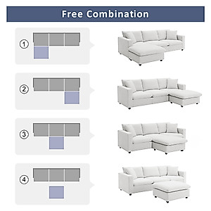 Tmsan 100.4" Modular Sectional Sofa Cloud Couch for Living Room, Modern Convertible L Shaped Couch Set with Ottoman, 4 Seater Polyester Fabric Sofa with 2 Pillows for Apartment Office (White)