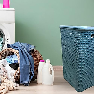 Elly décor Rattan 12 gallons Tall Plastic Laundry Hamper, Laundry Basket with Cutout Handles, Washing Bin, Dirty Clothes Storage, Bathroom, Bedroom, Closet, 48 lts blue