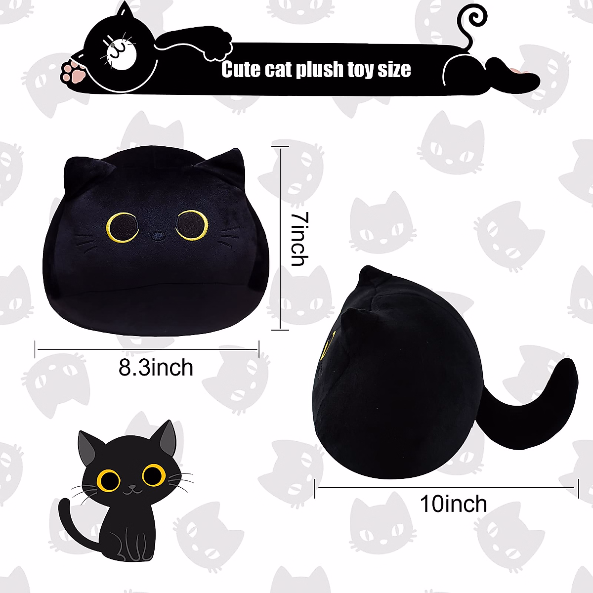 AudeRhine 10'' Cute Black Cat Plush Toys, Soft Cat Pillow Squishy Plushies, Cat Stuffed Animals Kawaii Plush Toys Home Decoration Gift for Cat Lovers Kids Boys Girls (Black, 10 Inch)
