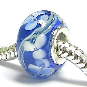 Sterling Silver Royal Blue Flower Glass Bead Charm for European Charm 3mm Snake Chain Bracelets 12.5mm