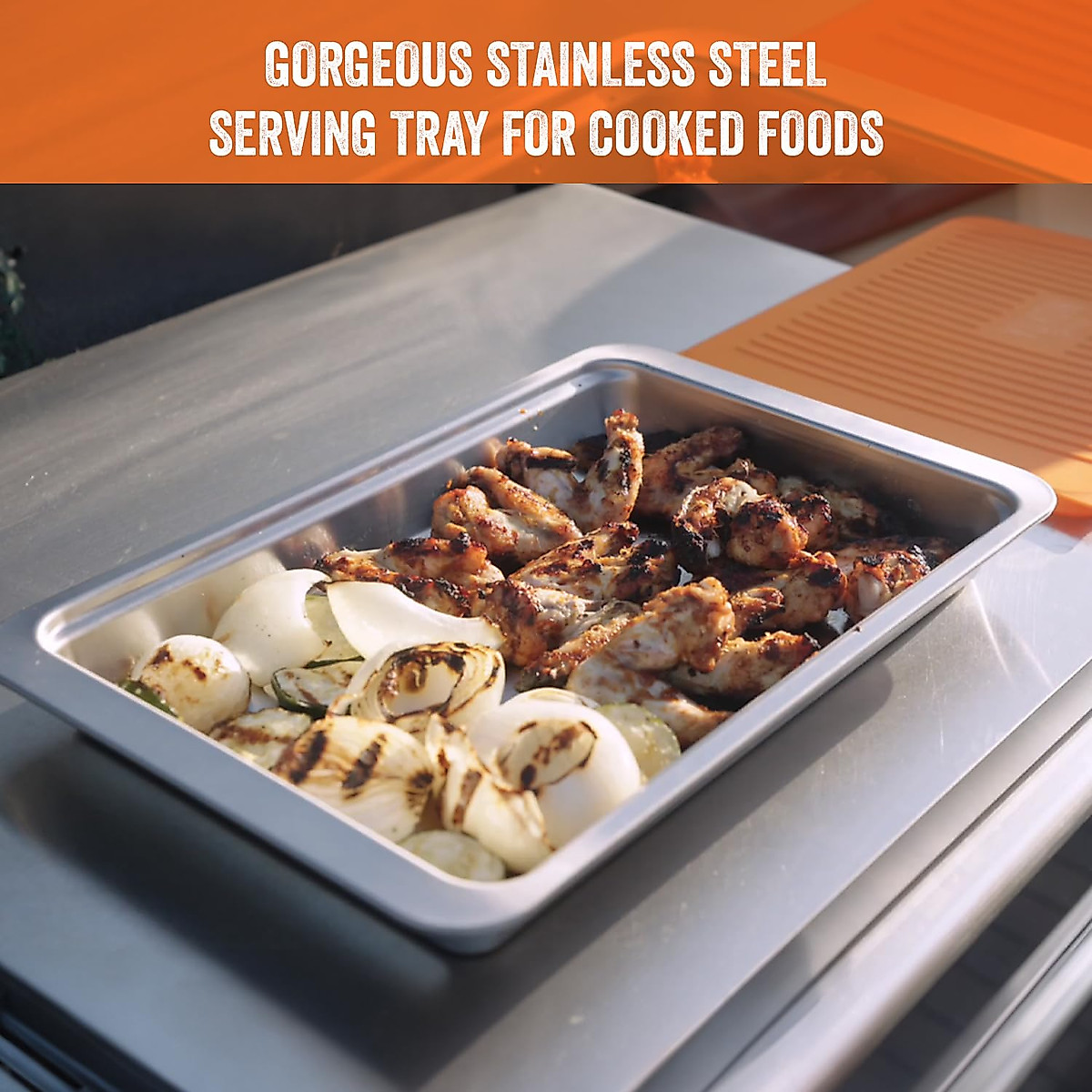 PREP ‘N Serve Premium Set™ - Plastic Container with Lid for Marinades, Stainless Steel Serving Tray, Aluminum Defrosting Tray, and a Plastic Cutting Board - The Ultimate BBQ Food Prep Utensil Set