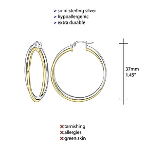 Sterling Silver Two-Tone Square-Tube Double Twisted 37mm Round Hoop Earrings