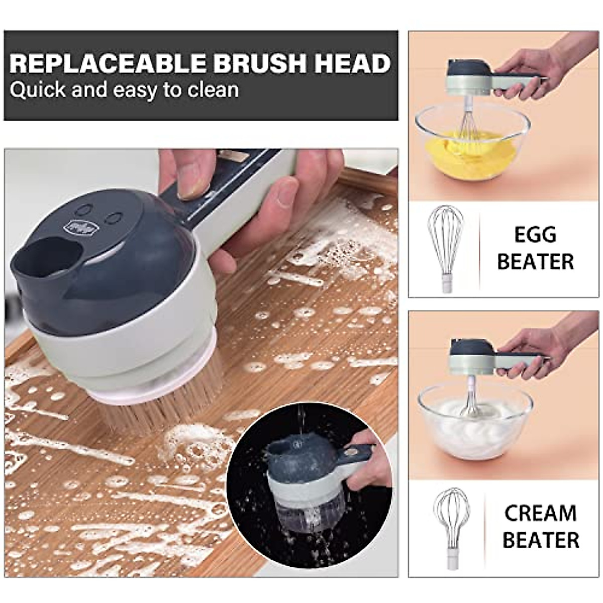 Arigold 3SPEEDS 4 in 1 Vegetable Chopper: Cordless Mini Chopper, cabbage Dicer, meat grinder, Vegetable cutter. Comes with Egg and Cream Beater - Vegetable Slicer Dicer, home & kitchen. (Grey)