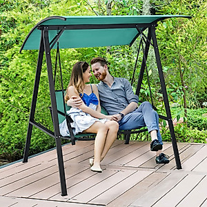 Tangkula 2-Person Patio Swing, Weather Resistant Porch Swing with Adjustable Canopy, Steel Frame, Outdoor Modern Canopy Swing with Handrails, Suitable for Porch Garden Poolside (Green)