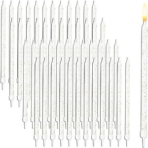 White Gold Glitter Long Thin Birthday Cake Candles in Holders (5 in., 48 Pack)