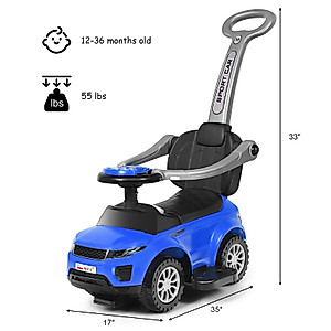 Costzon 3 in 1 Ride on Push Car, Stroller Sliding Walking Car with Horn, Music, Light, Under Seat Storage, Parental Handle, Armrest Guardrails, Ride on Toy for Boys & Girls (Blue)