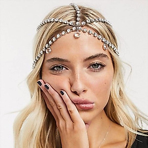 Fdesigner Crystal Head Chain Wedding Headpieces Rhinestone Bride Hair Jewelry Boho Party Teardrop Headband Hair Accessories for Women and Girls (Silver-Boho)