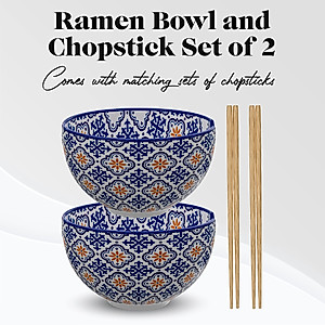 American Atelier Ramen Bowl with Chopsticks | Set of 2 | Soup Bowls for Kitchen | Udon Noodle Bowls with Chopsticks | Stoneware Soup Bowl | 6" Diameter (21 Oz) - Medallion Blue & Orange Design