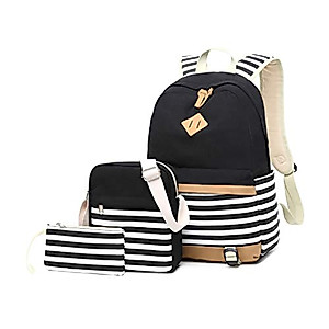 Gazigo Girls School Backpack Causal Canvas Stripe Backpack Cute Teen Backpacks For Girls School Bag (Black)