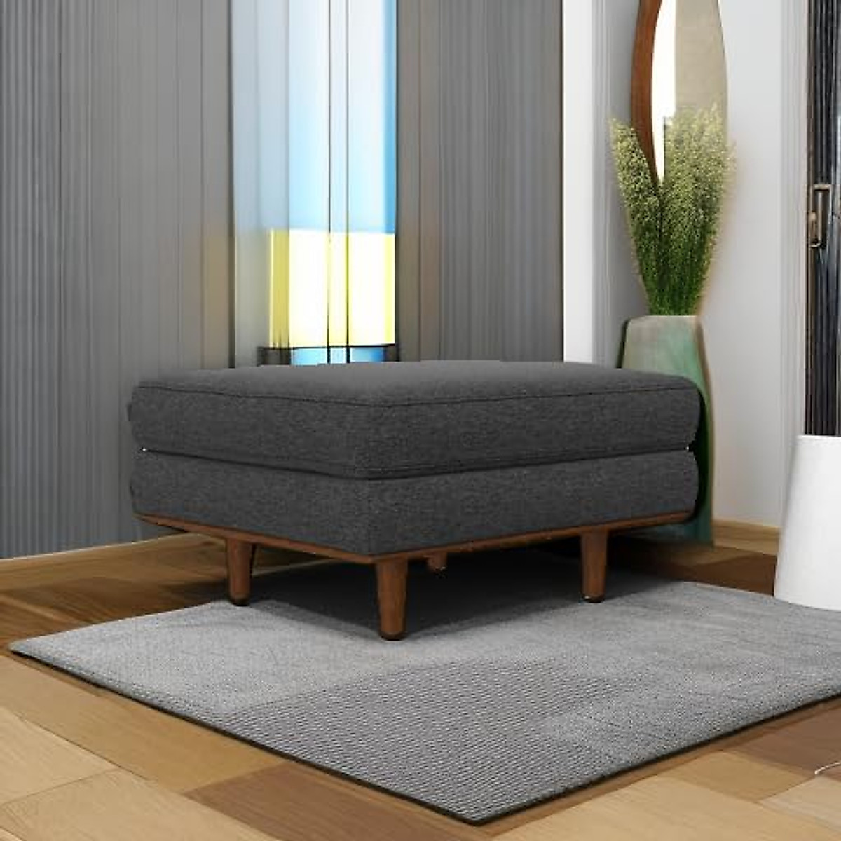 SIMPLIHOME Morrison 33 inch Wide Mid-Century Modern Ottoman in Charcoal Grey Woven-Blend Fabric, Assembled, for the Living Room, Entryway and Family Room