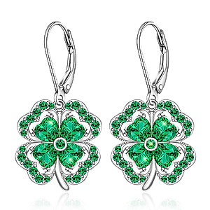 St Patricks Day Shamrock Earrings for Women Irish Four Leaf Clover Earrings Sterling Silver Leverback Celtic Lucky Green Shamrock Jewelry