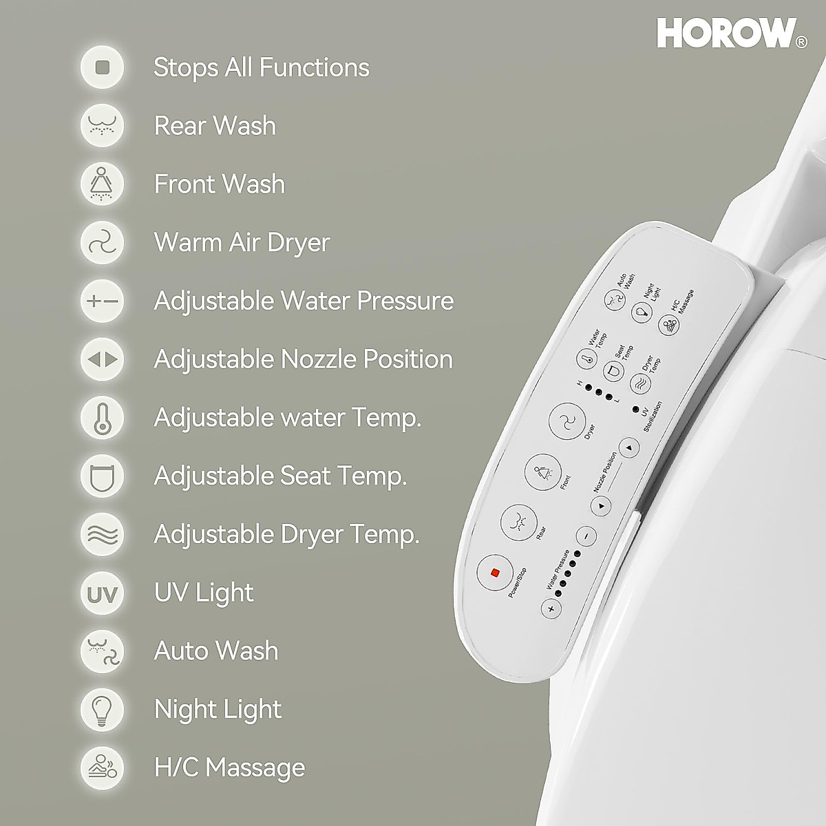 HOROW B0403 Elongated Bidet Toilet Seat, Soft Closing Adjustable Heated Seat fits for T0338W Toilet, Electronic Smart Seat with Warm Air Dryer and LED Night Light, White Side Arm Control