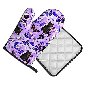 Flexible Witchy Witch Goth Black cat Mushroom Oven Mitts and Pot Holders High Heat Resistant Oven Mitts and Pot Holders Non-Slip BBQ Gloves