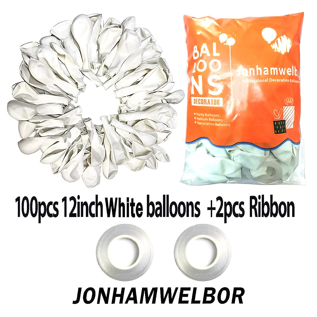 Jonhamwelbor White Balloons - 12 inch 70 Pack Matte Latex Helium Balloons for Wedding, Engagement, Birthday, Baby Shower Parties (with White Ribbon)