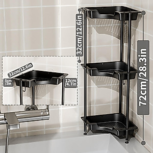 SWTYMIKI Corner Shower Caddy Standing - 3 Tier Rust Proof Floor Standing Shower Organizer with 4 Hooks, Waterproof Corner Stand Shower Shelf Storage Rack for Bathroom, Bathtub, Black