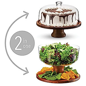 Godinger 2 in1 Salad Bowl and Cake Stand, Salad Bowl Serving Dish and Footed Cake Stand with Dome, Includes Wooden Salad Servers, Acacia Wood and BPA Free Acrylic Lid