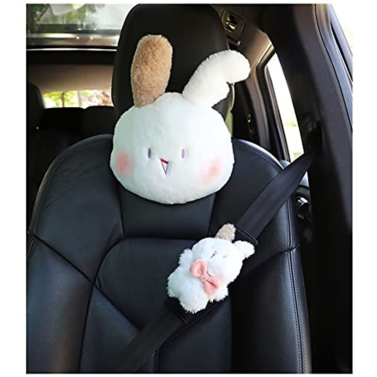 seemehappy Fuzzy Naughty Bunny Car Pillow Headrest Pillow, Fluffy Bunny Seat Belt Should Pad Cover, Cute Auto Accessories for Girls
