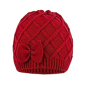 Kids Criss Cross Knit Winter Hat with Bow, Scarf and Glove Set Red for Girls