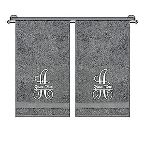Monogrammed Hand Towels, Decorative Towel Set, Personalized Gift, Super Soft, Highly Absorbent, 100% Turkish Genuine Cotton Customized 2 Piece Hand Towel Sets for Kitchen, Face, Gym & Spa, Grey