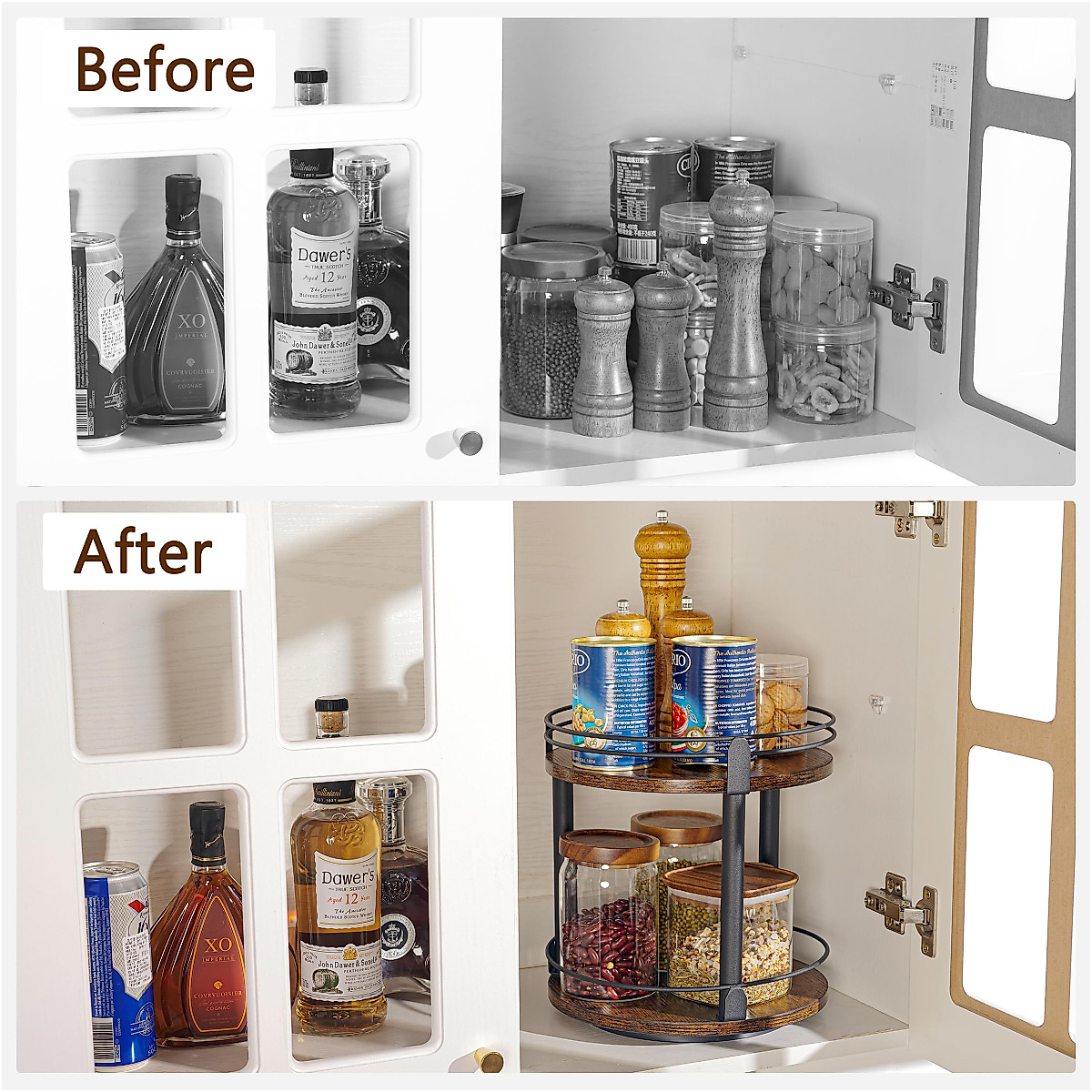 Creso hom Lazy Susan Organizer 2 tier Rotating Spice Racks, Lazy Susan 360 Degree Turntable Spice Holder Rack for Cabinet and Kitchen Countertop, Rustic Brown