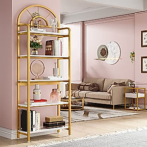 LITTLE TREE 5 Tier Bookcases Arched Bookshelf, Freestanding Tall Display Shelves, Heavy Duty Metal Frame Decorative Shelf for Living Room Bedroom Study Room, White Gold