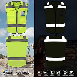 TCCFCCT Safety Vest 5 Pockets High Visibility Reflective Vest for Men Women, Durable Construction Vest with Horizontal Strip for Walkie-talkie, Meets ANSI/ISEA Standards, Yellow, L