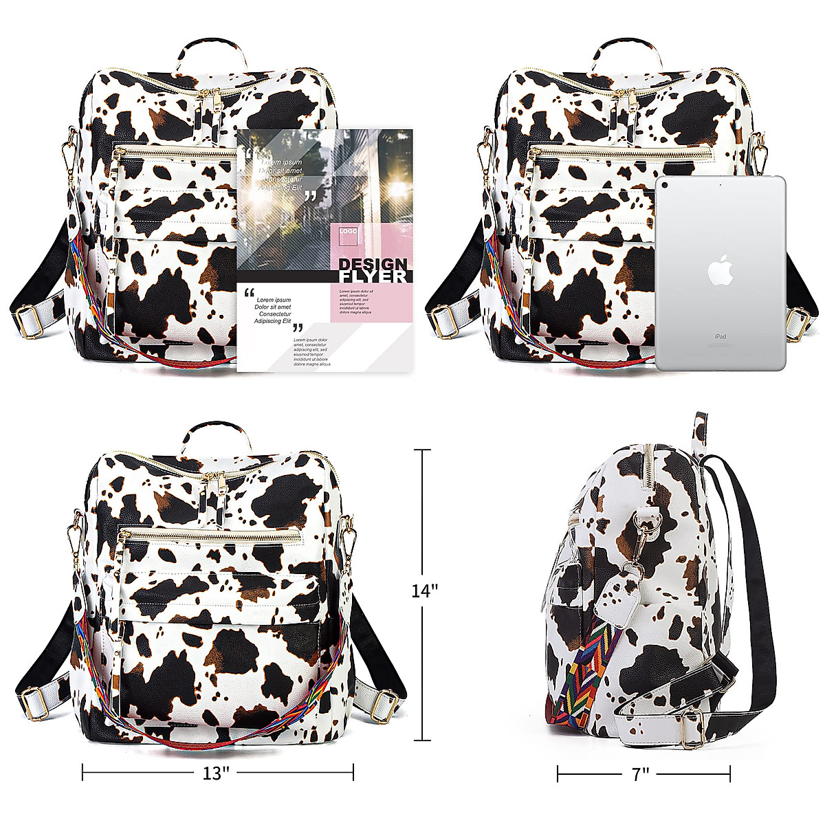 KOOIJNKO Women Backpack Purse Vintage Rucksack Convertible Shoulder Bag Travel Daypack, 2 Pack Cow OffWhite