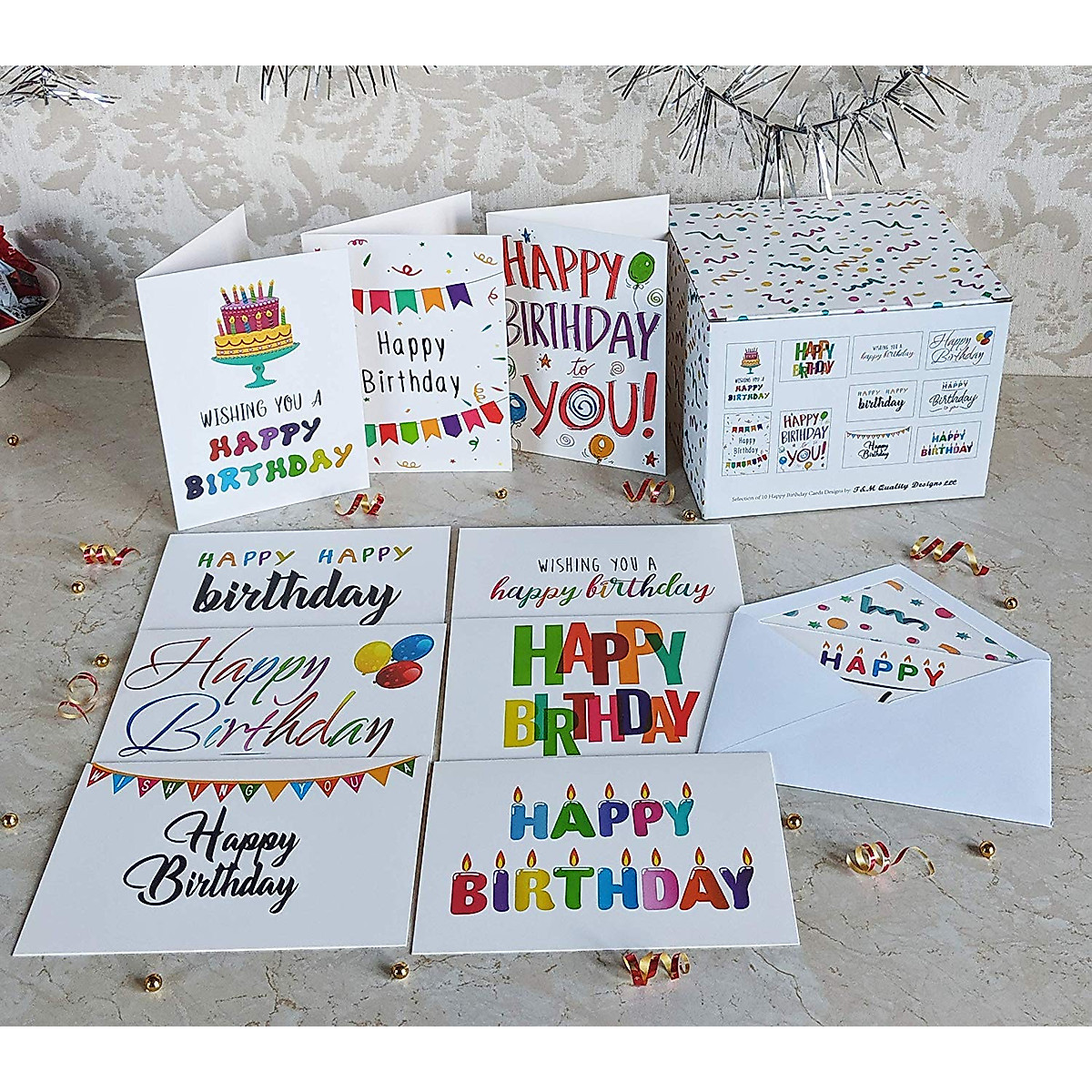 100 Happy Birthday Cards Bulk, Large 5x7 Inch Assorted, with Envelopes ,Stickers and Simple Greetings Inside , 10 Unique Designs, Thick Card Stock Box Set