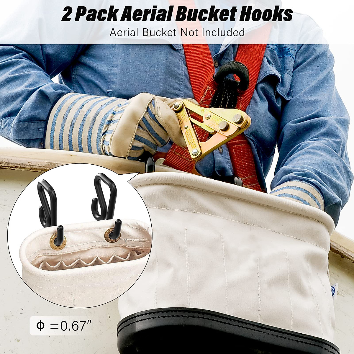 2 Pack Bucket Hooks, Aerial Bucket Hooks, Fits for 2" Aerial-Bucket Lip, Hooks for Aerial Baskets, Lineman Bucket Tool Holder, Attach Tool Bags or Aprons to Buckets, Black