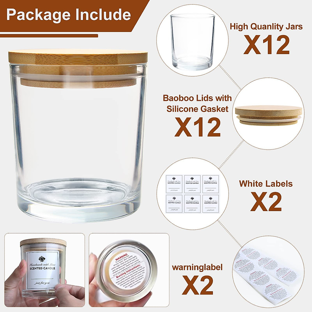 CONNOO 12Pack 10 OZ Clear Glass Candle Jars with Bamboo Lids for Making Candles, Large Size Empty Candle Tins with Wooden Lids, Bulk Clean Candle Containers - Dishwasher Safe