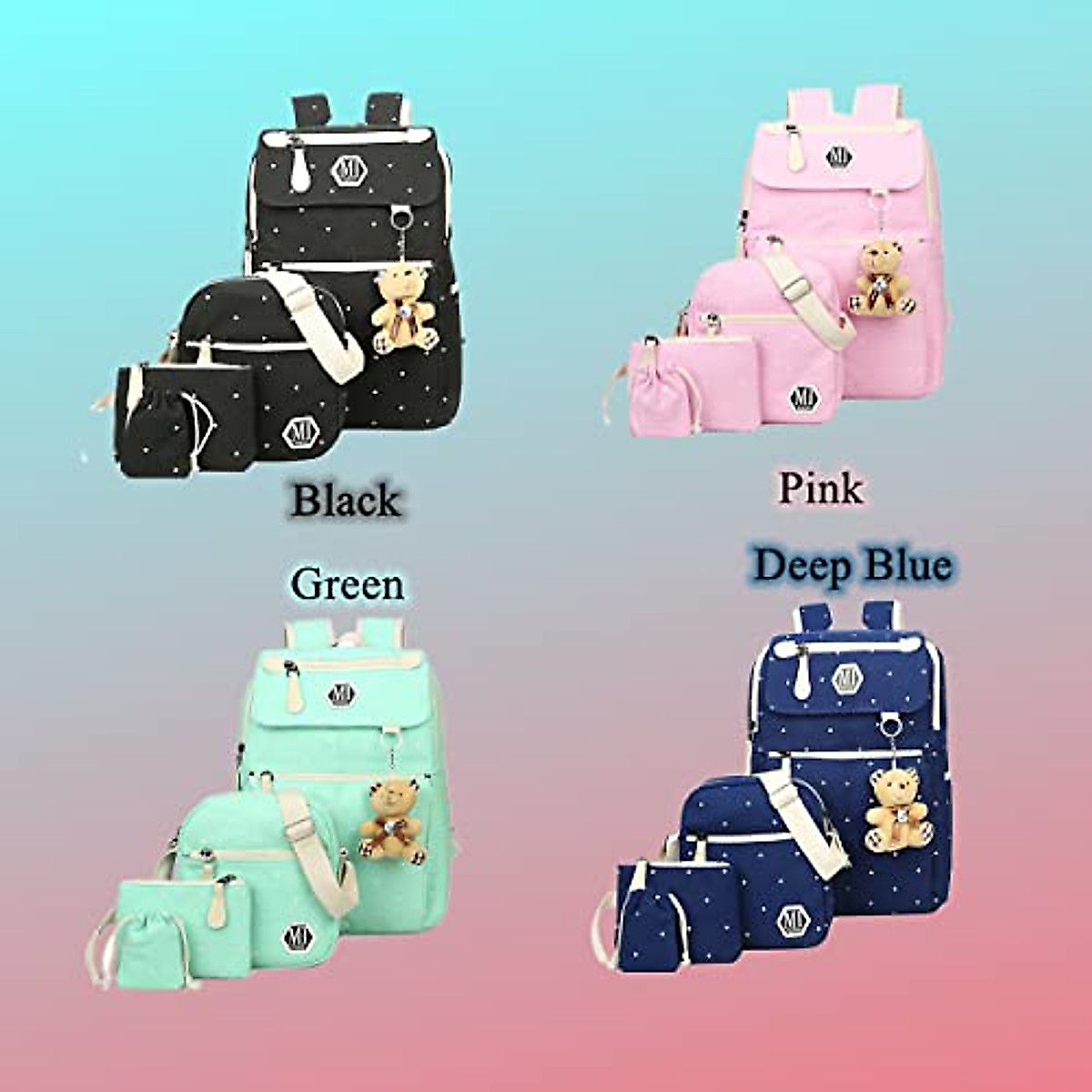 VIDOSCLA 3Pcs Wave Point Canvas School Bag Primary Student Backpack British Wind Elementary BookBag Bag Sets with Plush Doll