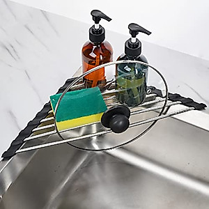 Tomorotec Triangle Roll-Up Dish Drying Rack for Sink Corner Small Foldable Stainless Steel Over The Sink Multipurpose Kitchen Drainer Caddy Trivet Rustproof Organizer Storage Space Saver Shelf (Black)