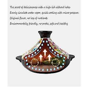 Handmade Clay Stoneware Tajine Flower Pattern Moroccan Tagine Pot Enameled Cast Iron Casserole Non Stick Saucepan Exotic Stew Pot with Lid for Cooking and Stew Casserole Slow Cooker