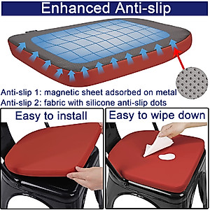 BUYUE 14" Metal Chair Cushions with Magnetic Set of 4, Luxury PU Leather Waterproof Anti-Slip Seat Pads for Kitchen Cafe Dining Bistro Stackable Chairs (U-Shape, Red, 4)