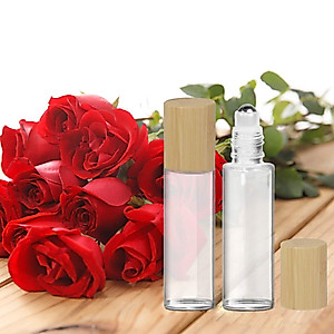 Glass Roll On Bottle with Bamboo Lid for Essential Oils, Creatiee Eco-friendly Refillable Clear Perfume Sample Bottles with Stainless Steel Roller Ball - Portable & Practical (12Pcs 15ml Clear)