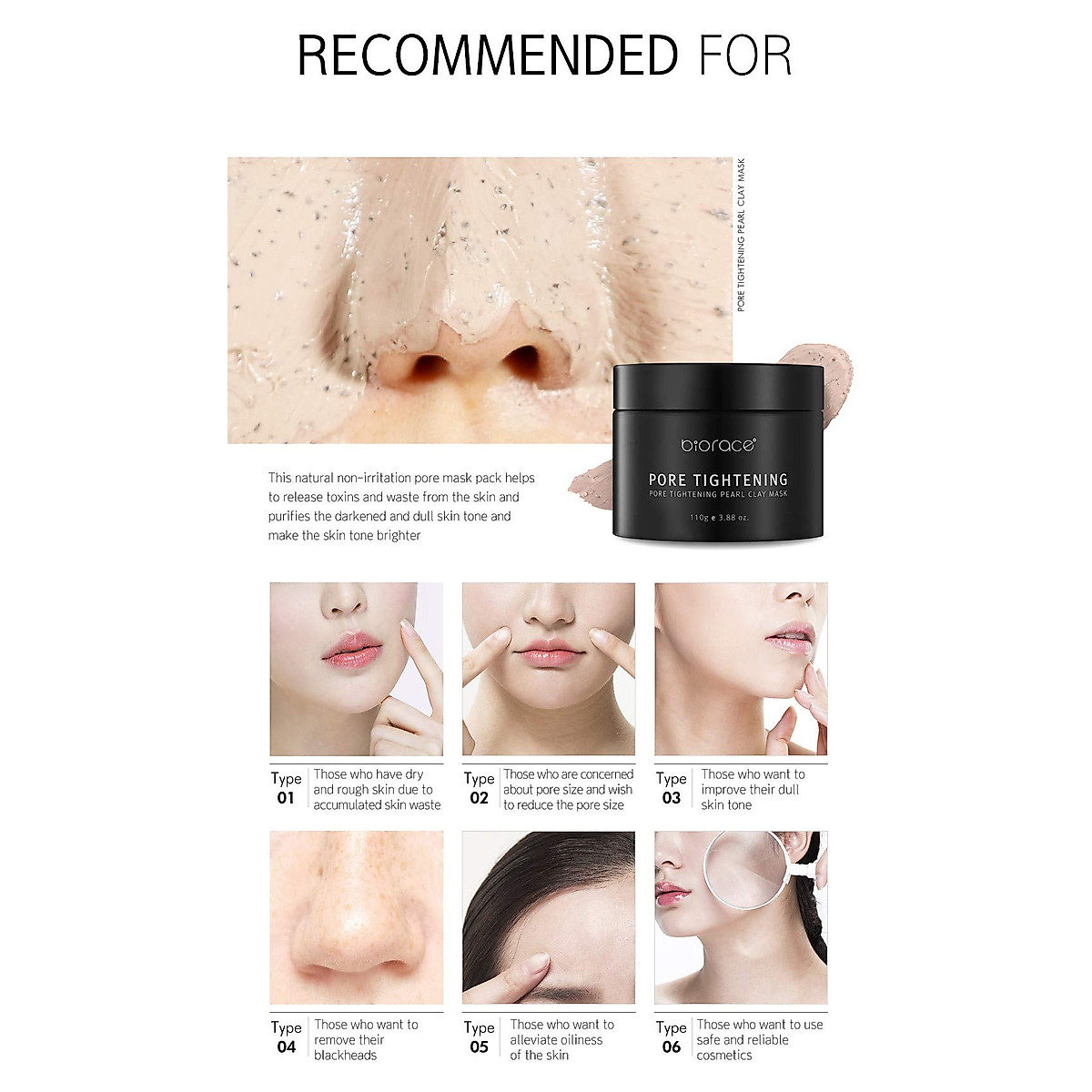 Biorace] Pore Tightening Pearl Clay Mask 110 g / 3.8 oz Tightens Pores + Sebum Control + Deep Cleanse [Made in KOREA]