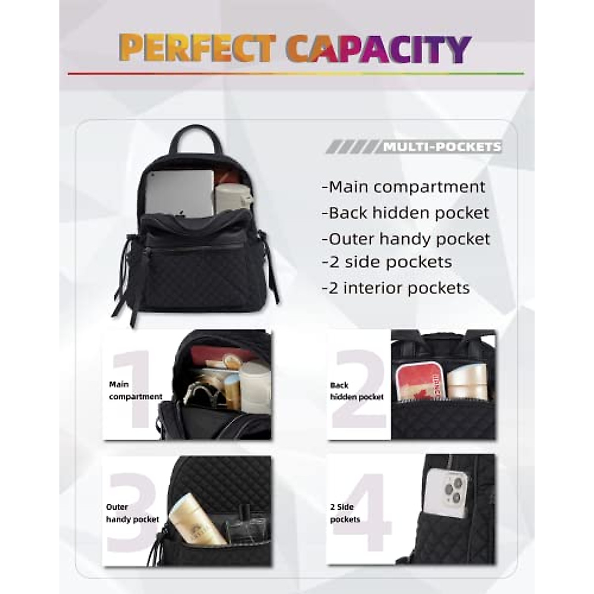 ANNASPEAK Women's Fashion Backpack Purse Satchel Handbags and Shoulder Bag PU Leather Travel bag (Quilted Black, Medium)