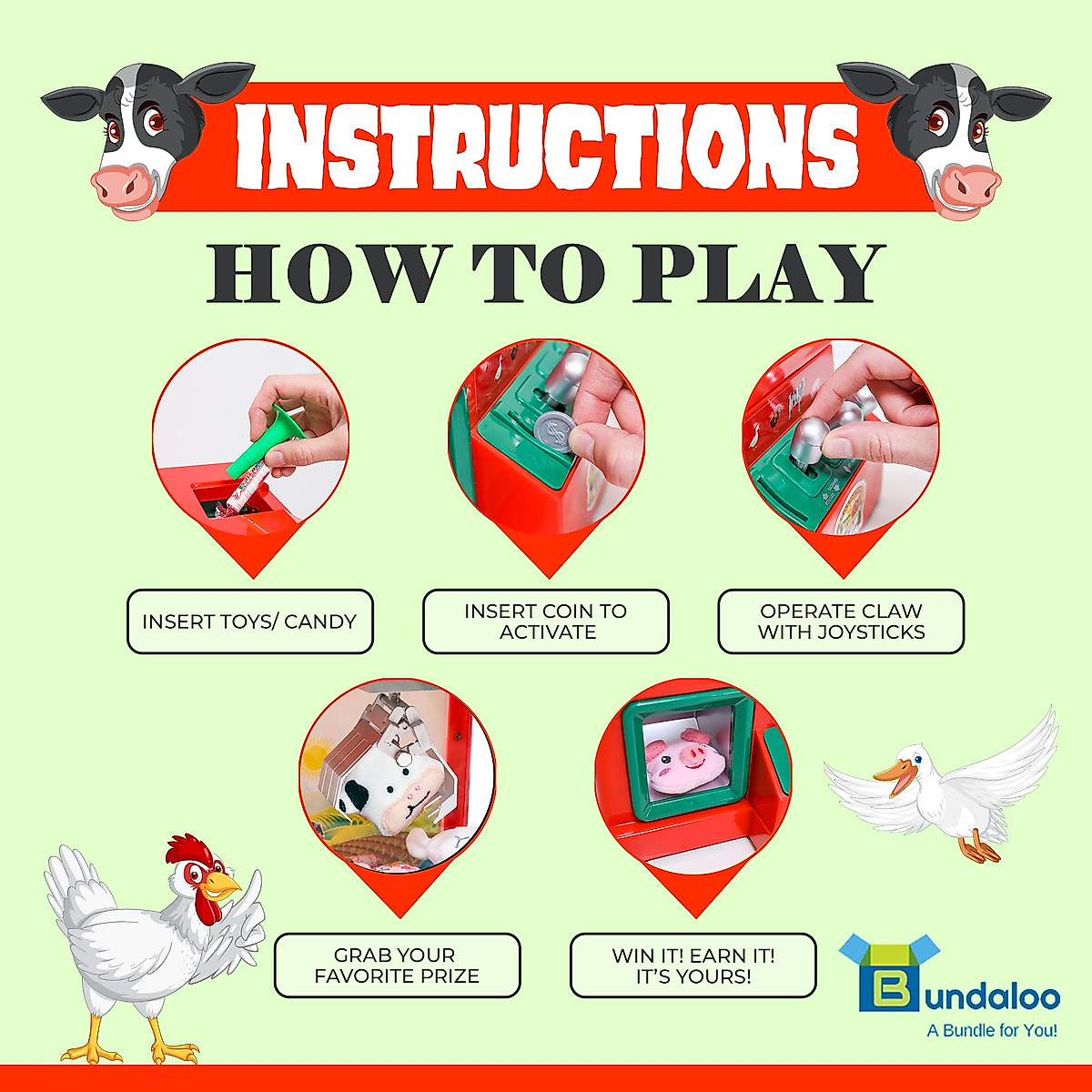 Bundaloo Claw Machine Arcade Game - Electronic Mini Candy and Toy Grabber Dispenser - with Sound & 3 Mini Plush Farm Animals