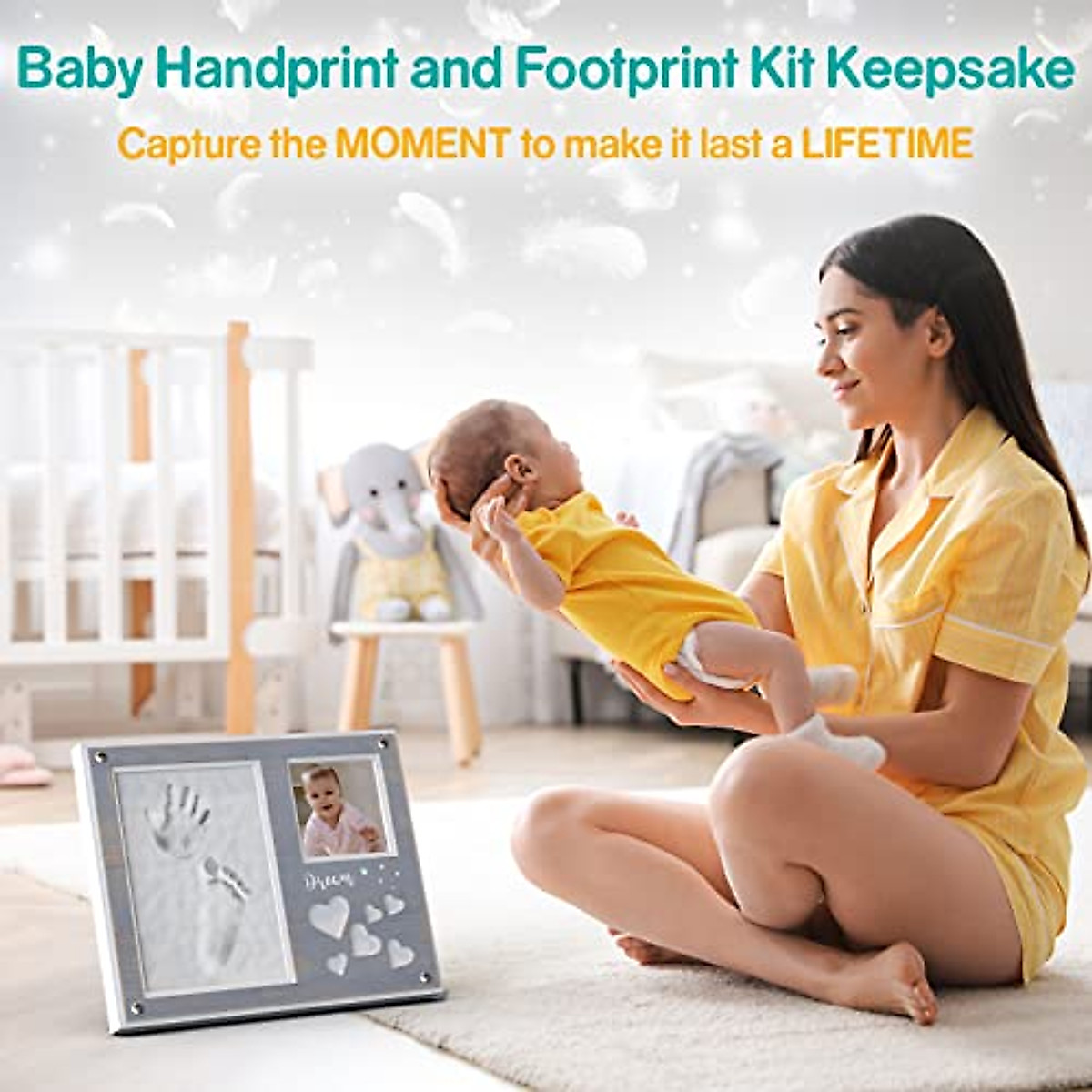 1Dino Premium Baby Handprint and Footprint Kit - 11.6” x 9.3" White/Grey Wood Baby Picture Frame - Includes 2X Air-dry Clay Pack for Baby Hand and Footprints - Baby Registry, Baby Shower Gifts