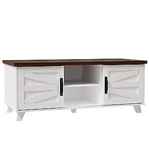 PAKASEPT Farmhouse Coffee Table with Sliding Barn Doors and Storage Cabinets Shelves, Center Table Rectangular Cocktail Table with Adjustable Shelves for Living Room, White