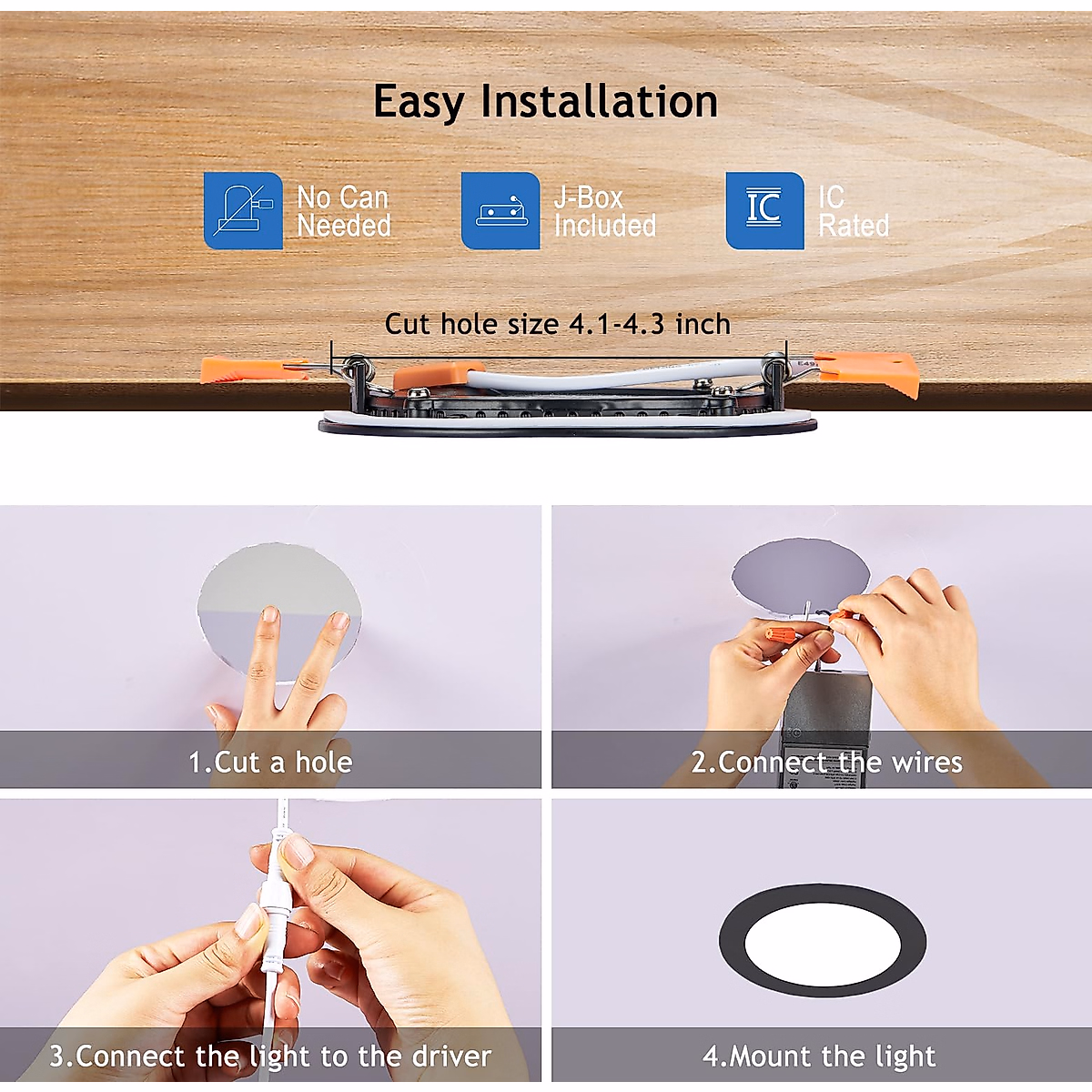 CycevSun 12 Pack Black Recessed Lights, Canless 4 Inch Soffit Wafer Lighting with Junction Box, Dimmable & 2700K 3000K 3500K 4000K 5000K Selectable, 9W, 120Vac, Wet & IC Rated, ETL