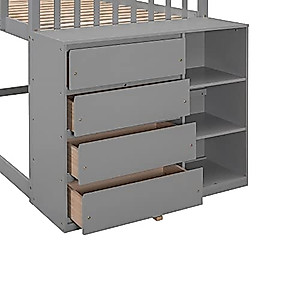 Harper & Bright Designs Twin Over Twin Bunk Bed with Storage, Wood Floor Bunk Beds with 4 Drawers & 3 Shelves, Low Bunk Bed, Twin Loft Bed for Kids, Girls Boys, Teens, Adults (Gray)