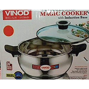 Vinod 18/8 Stainless Steel Outer Lid Magic Pressure Cooker - 3.5 L with Pressure Cooker Lid, Straining Lid and Glass lid (Induction and Gas Stove Friendly), Silver