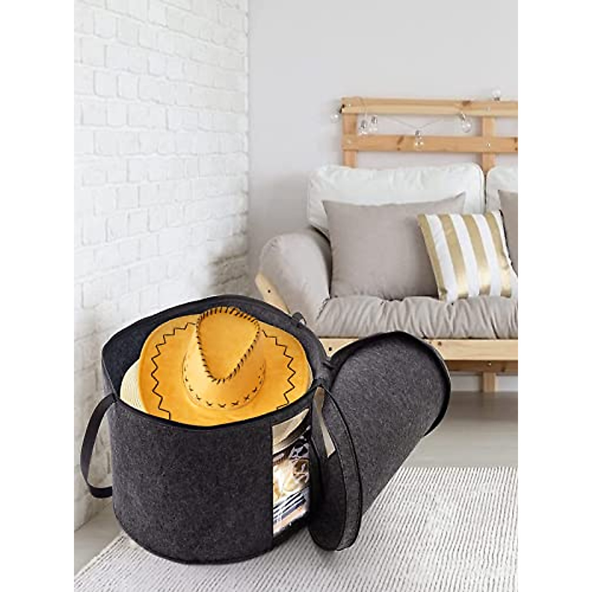 Hat Storage Box- 19" x 17.3" Foldable Felt Hat Box with Dustproof Lid for Beach Cowboy Hat- Large Round Hat Organizer Hat Boxes for Men Women Stuffed Animal Toy Clothes