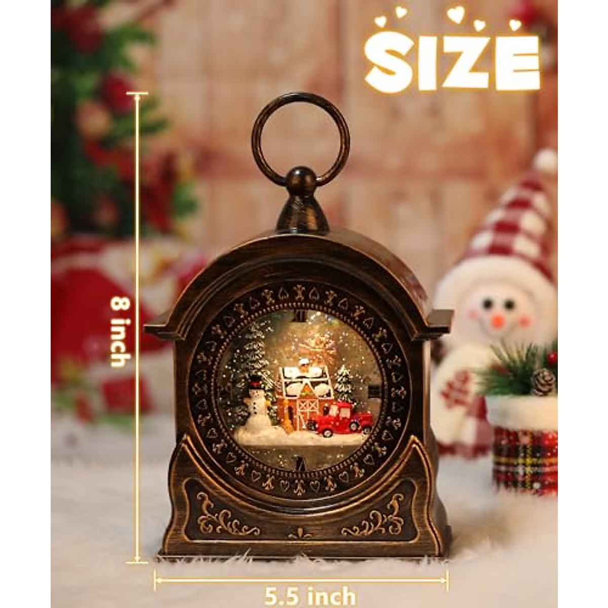 Snowman Red Truck Clock Christmas Snow Globe Lantern-Glittering Light Up Musical Snow Globe Christmas Decorations, 6H Timer, USB & Battery Operated, Christmas Indoor Home Décor