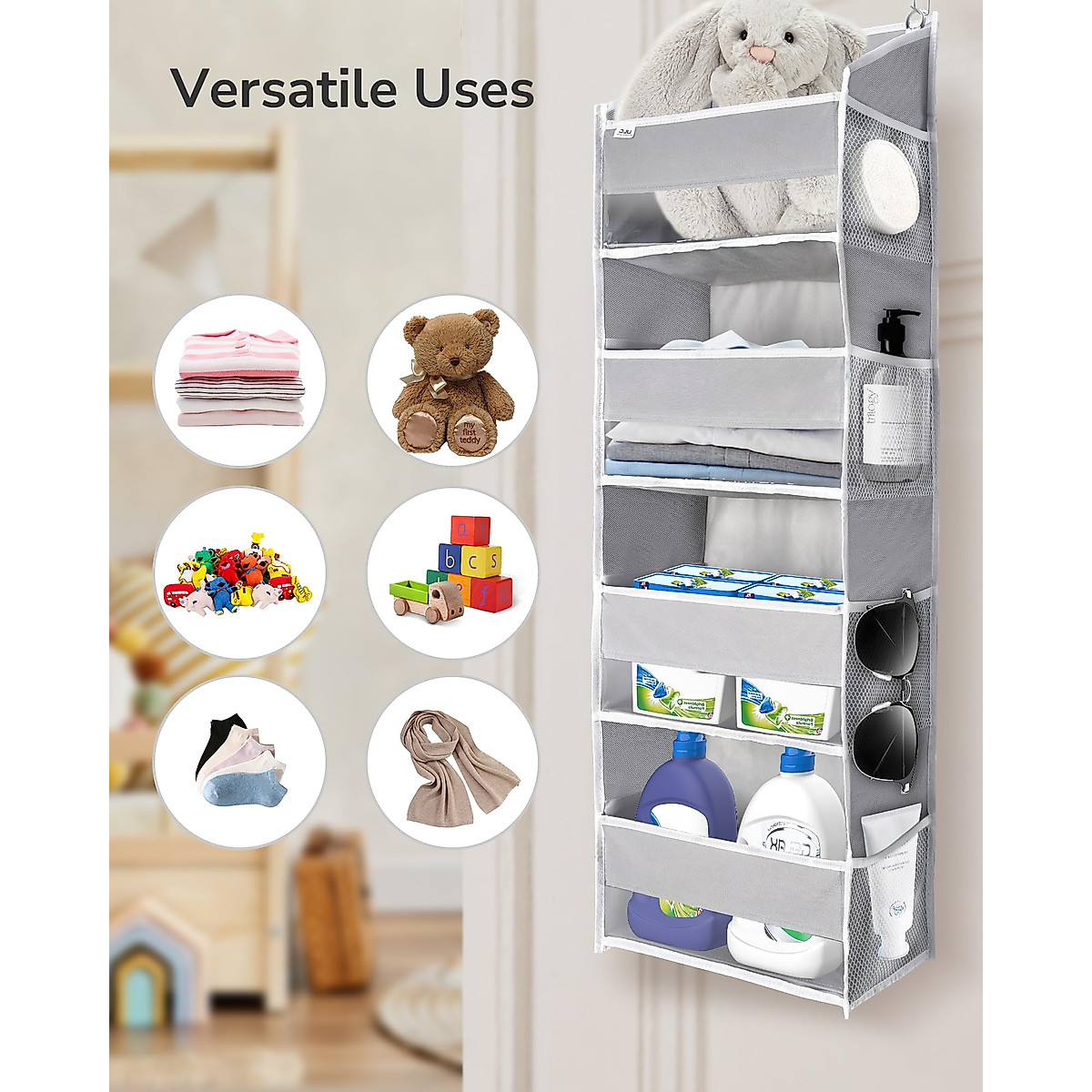 ULG 2 Pack Over The Door Storage Organizer with 4 Pockets 8 Mesh Side Pockets, 36 lbs Weight Capacity Door Hanging Organizers for Bedroom,Bathroom,Nursery,Pantry,Dorm(Light Gray)