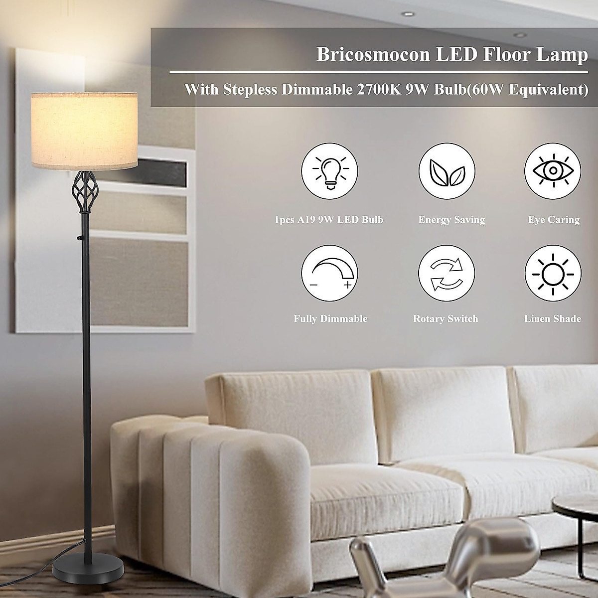 Floor Lamps for Living Room, Standing Lamp, Modern Floor lamp with Linen Shade, Rotary Switch, LED Bulb Included(10W 1000LM), Stepless Dimmable Floor Lamp for Bedroom, Reading Tall Lamp for Office